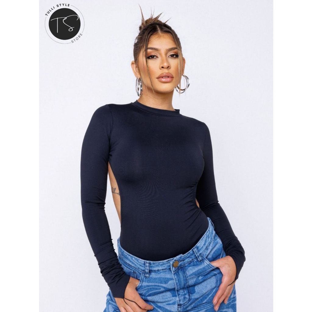 Body costas nua manga longa preto poliamida | Shopee Brasil