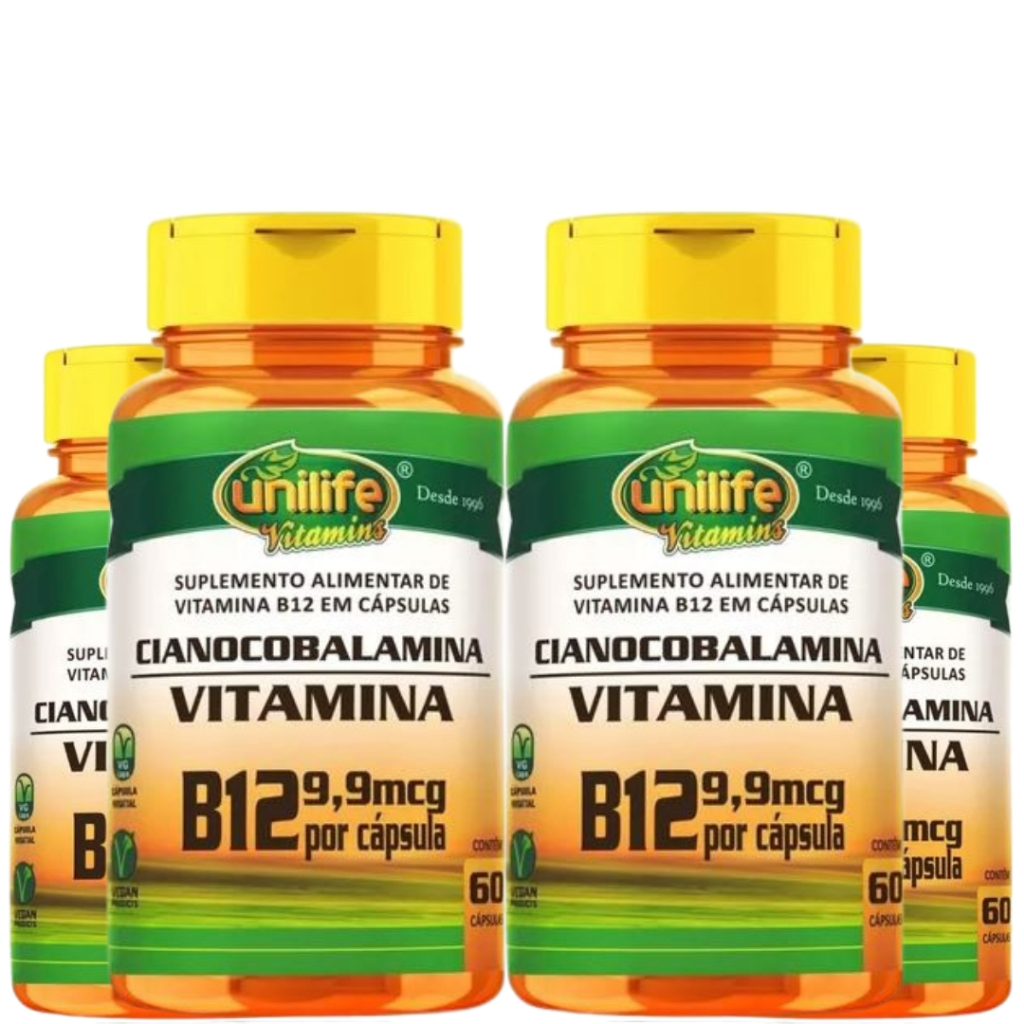 KIT C/4 Vitamina B12 Cianocobalamina 60 Cápsulas Vegano - Unilife | Shopee Brasil