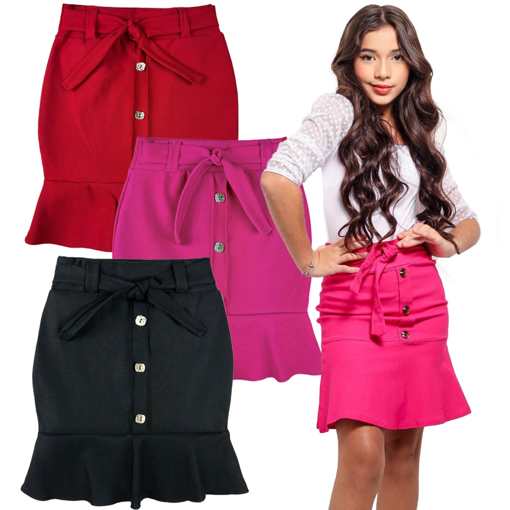 KIT 5 Saias infantil juvenil tecido bergaline com botões laço menina ...