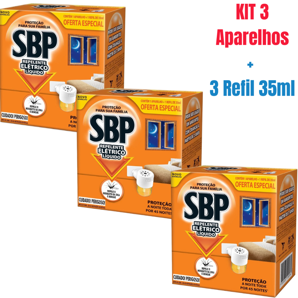 Kit 3 Aparelho Repelente SBP Elétrico + 3Refil de 35 ml Líquido 45 ...