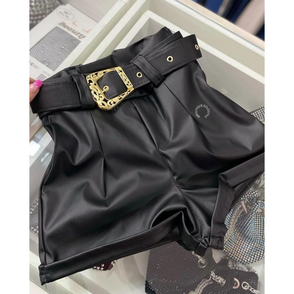 Shorts Feminino Cinto Ziiper Couro fake Com Fivela Brilho Preto Balada ...