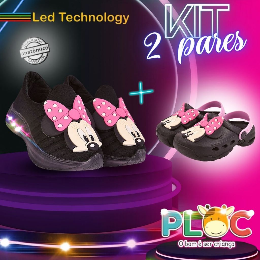KIT 2 PARES PLOC - 1 TÊNIS LED + 1 BABUCHE MINNIE PRETO (LED03 PRETO ...
