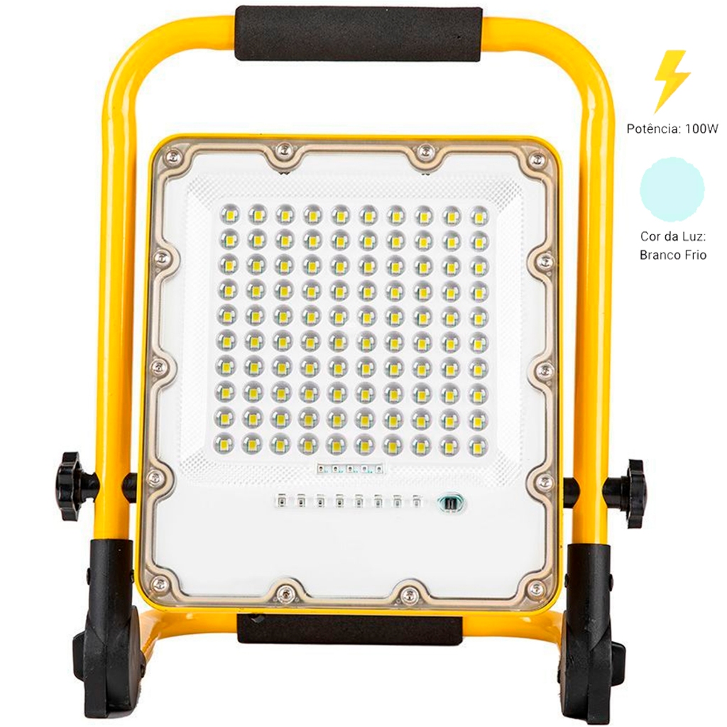 Refletor De Led 100w Recarregável Portátil Holofote Bateria + Fonte de ...