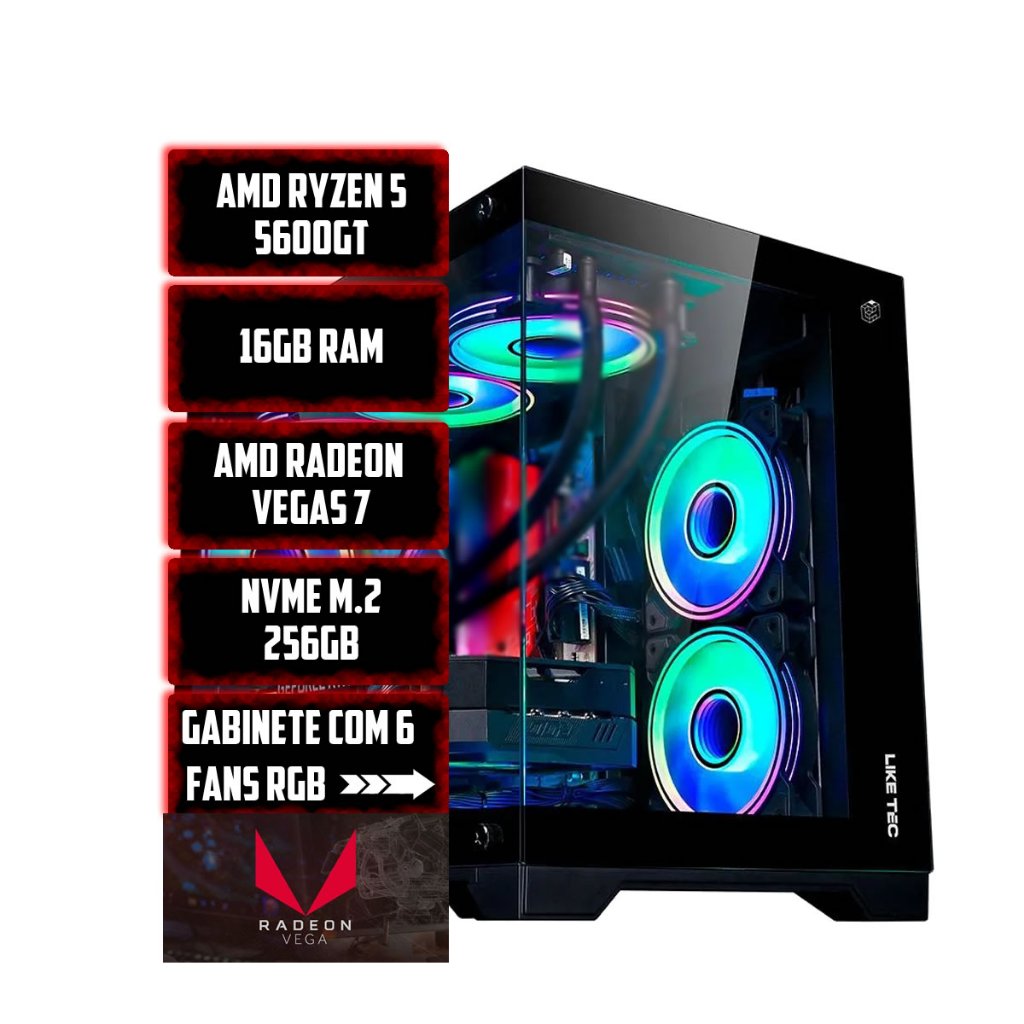 PC GAMER COLOR AMD RYZEN 5 5600GT, 16GB RAM, NVME 256, VEGAS 7, GABINETE COM 6 FANS RGB C/NF ...
