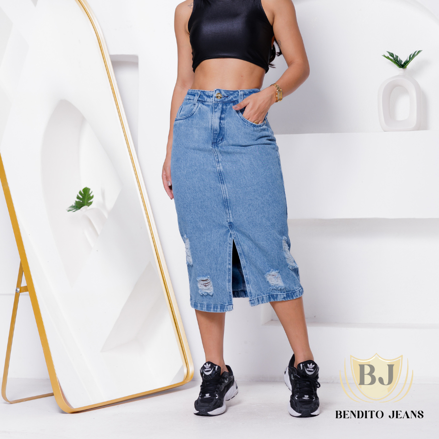 Saia Jeans Midi com Detalhe Destroyed e Fenda na Frente | Shopee Brasil