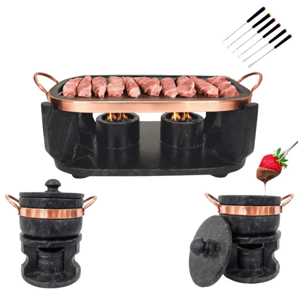 Churrasqueira CHAPA RETA Fondue de Pedra Sabão 32x20 + 2 Fondue 500ml + 6 Garfinhos | Shopee Brasil
