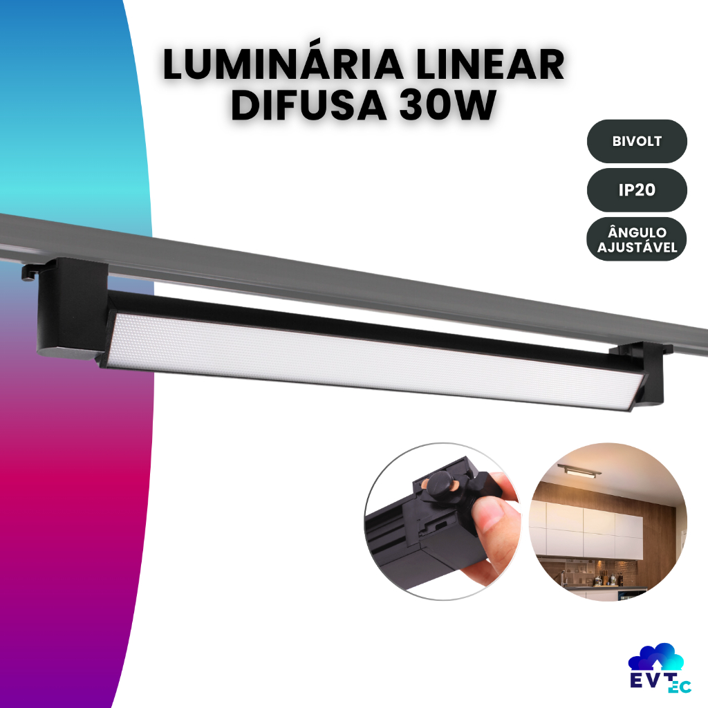 Luminária Led Difusa Linear P/trilho 30W Bivolt Preto Quente ...