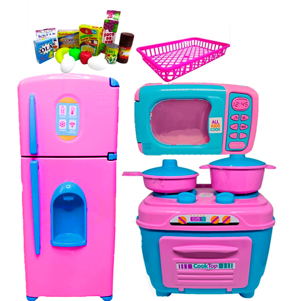 KIT Cozinha Faz De Conta de Brinquedo Infantil Completa 18pcs Geladeira Play Cooker Microondas ...