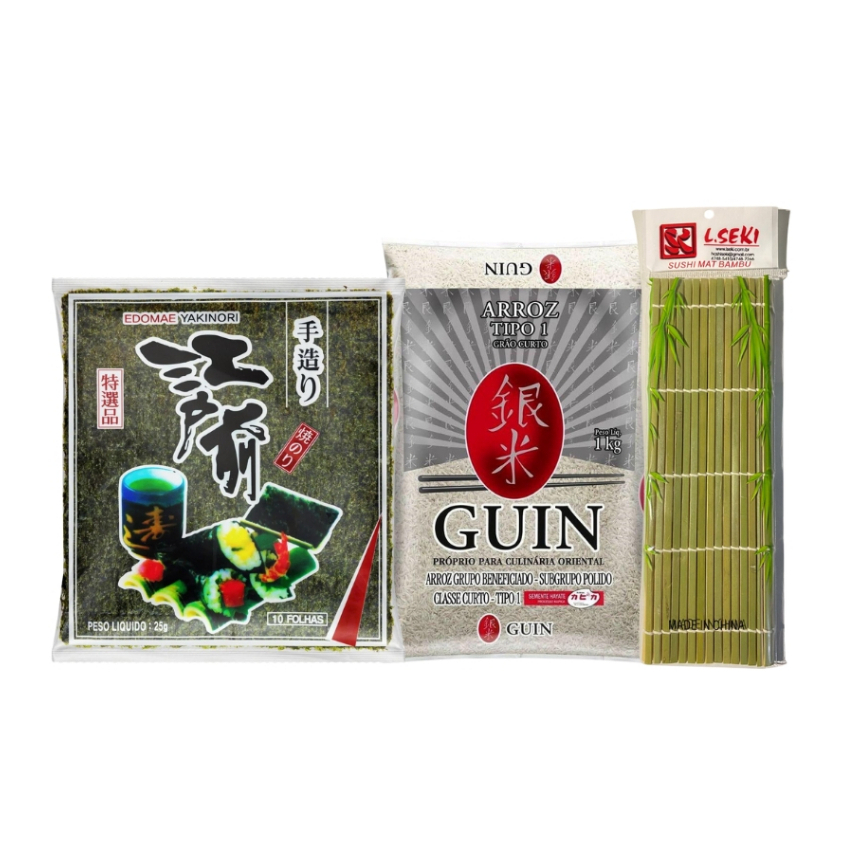 Kit Arroz Japonês Guin Curto 1kg, Alga Nori Edomae 10 folhas e Esteira de Bambu p/ Sushi ...