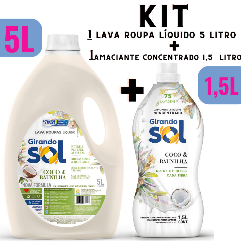 Kit Lava Roupa Líquido Girando Sol 5 Litros Amaciante Concentrado ...