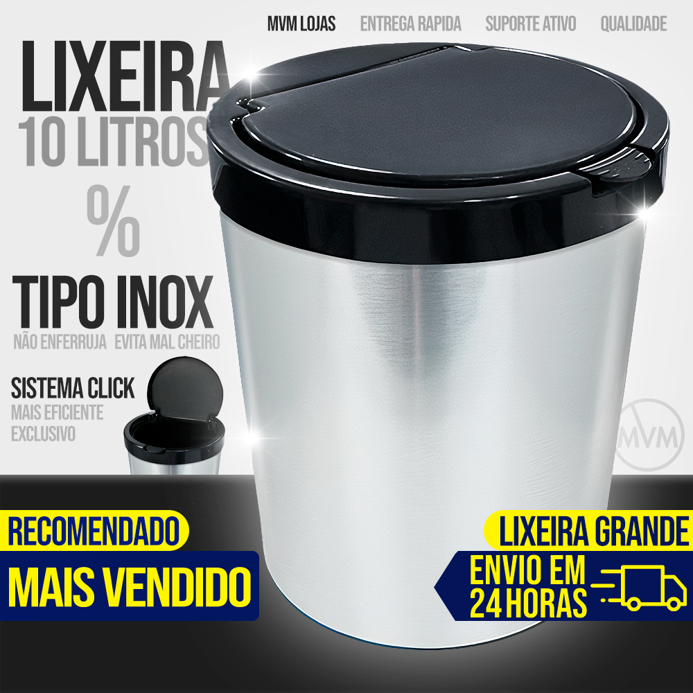 Lixeira Cesto de Lixo 10 Litros Inox Automática Tampa Click Label Para ...