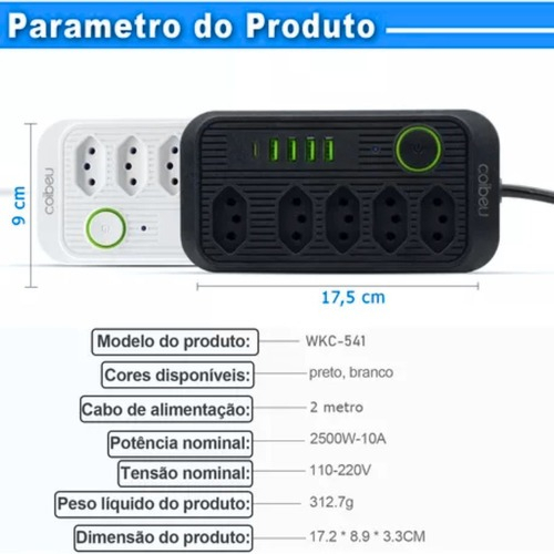 filtro de linha extensão de 2 metros com 5 tomadas 4 usb e 1 entrada tipo-c | Shopee Brasil