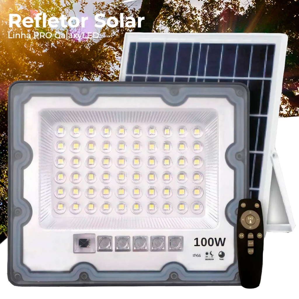 Refletor Holofote Solar Luminária LED 100W Controle Remoto 8H/12H ...