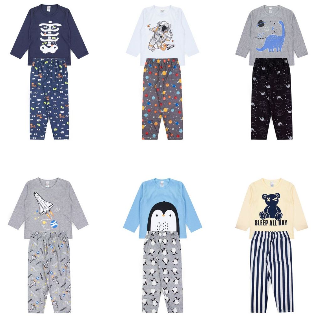 Kit Sortido 4 Peças de Pijamas Menino Inverno Tam 1 ao 14 Confortáveis ...