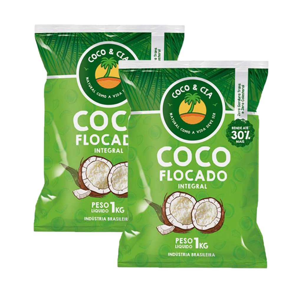 Coco Ralado Flocado Integral S/ Adição De Açúcar - Pacote 1 Kg - Kit 2 ...