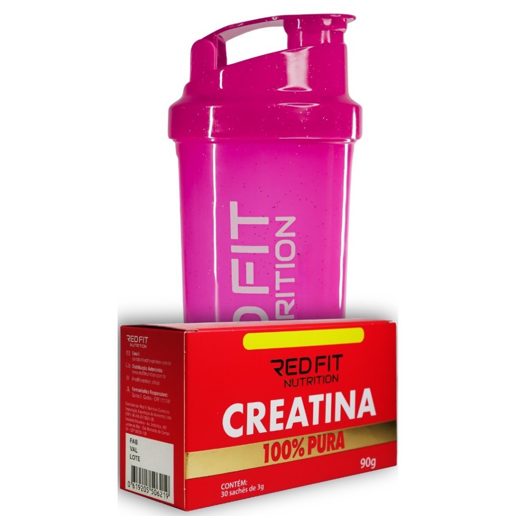 Creatina Monohidratada 90g Shaker Pink Glitter 600ml - 100% Pura Matéria-Prima Importada - Red ...