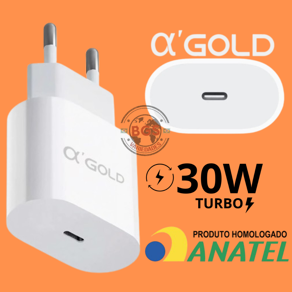 Fonte Carregador PD USB C 30W Turbo Anatel Rápido Original AGOLD Tomada ...