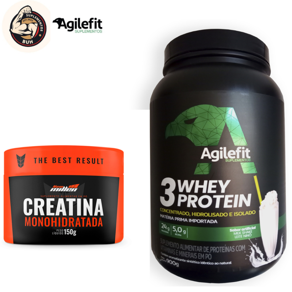 KIT WHEY PROTEIN 3W AGILEFIT GOURMET - POTE 900G + CREATINA NEW MILLEN 100% PURA MONOHIDRATADA ...