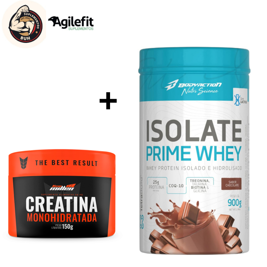 KIT WHEY PROTEIN ISOLATE PRIME BODYACTION - POTE 900G + CREATINA NEW MILLEN 100% PURA ...