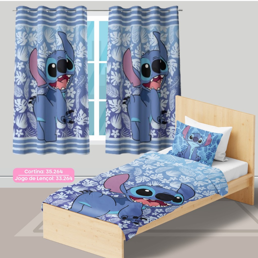Jogo Quarto do Stitch Infantil Cortina Jogo Lençol Colcha Solteiro 3 ...