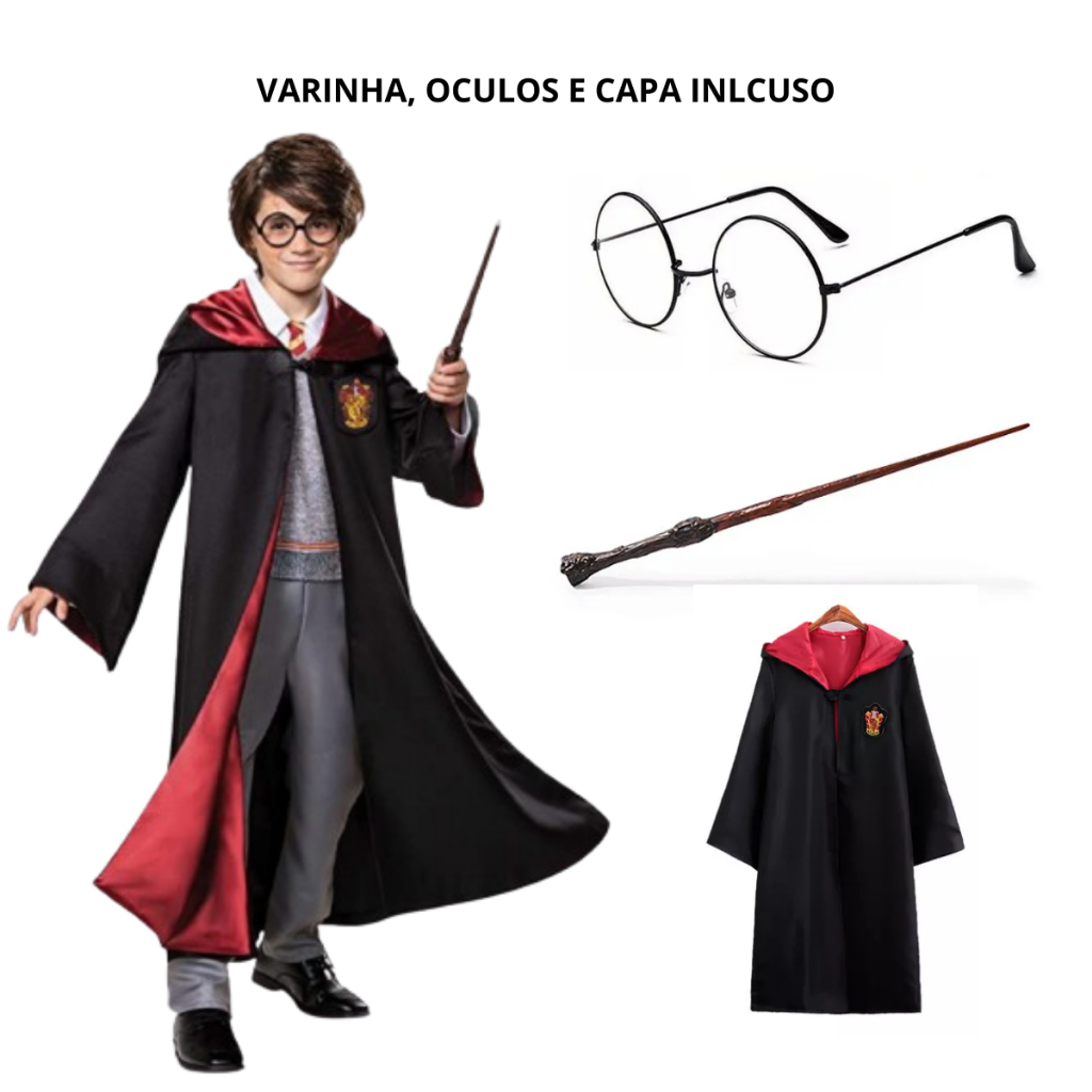 Fantasia Harry Potter Grifinória Com Óculos Varinha Infantil Carnaval ...