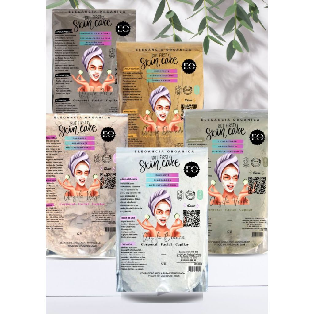 Kit 5x100g Skin Care Argila Facial Corporal Branca - Verde - Rosa ...
