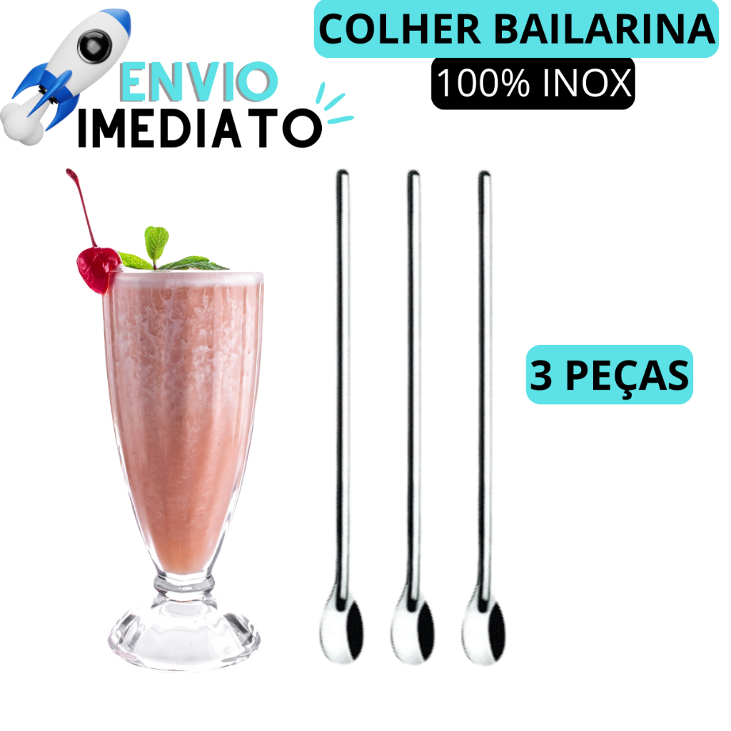 KIT 3 Colher Bailarina Colher de Suco Drinks Milkshake Colher Longo ...
