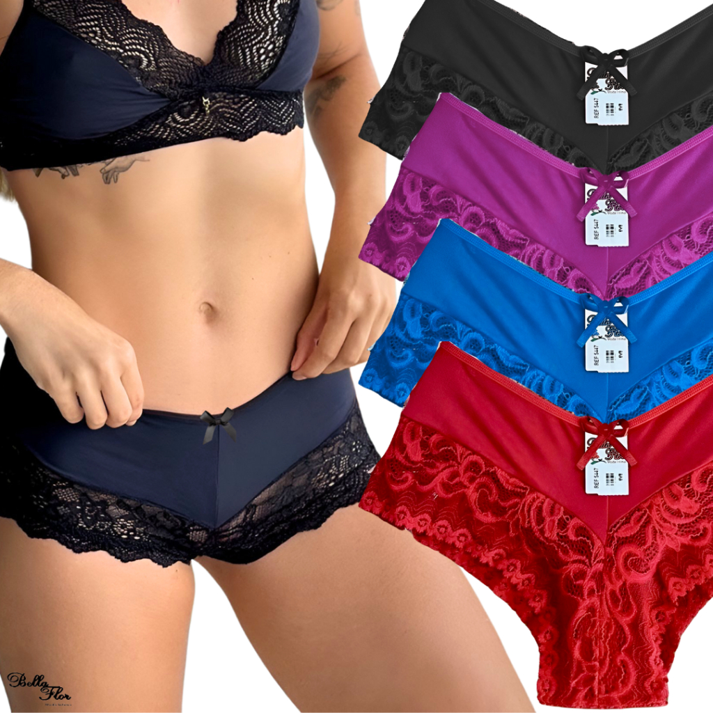 Kit 5 Calcinhas Luxo Renda Box Shortinho Cueca Feminina Sensual Conforto Forro Algodão Bella ...