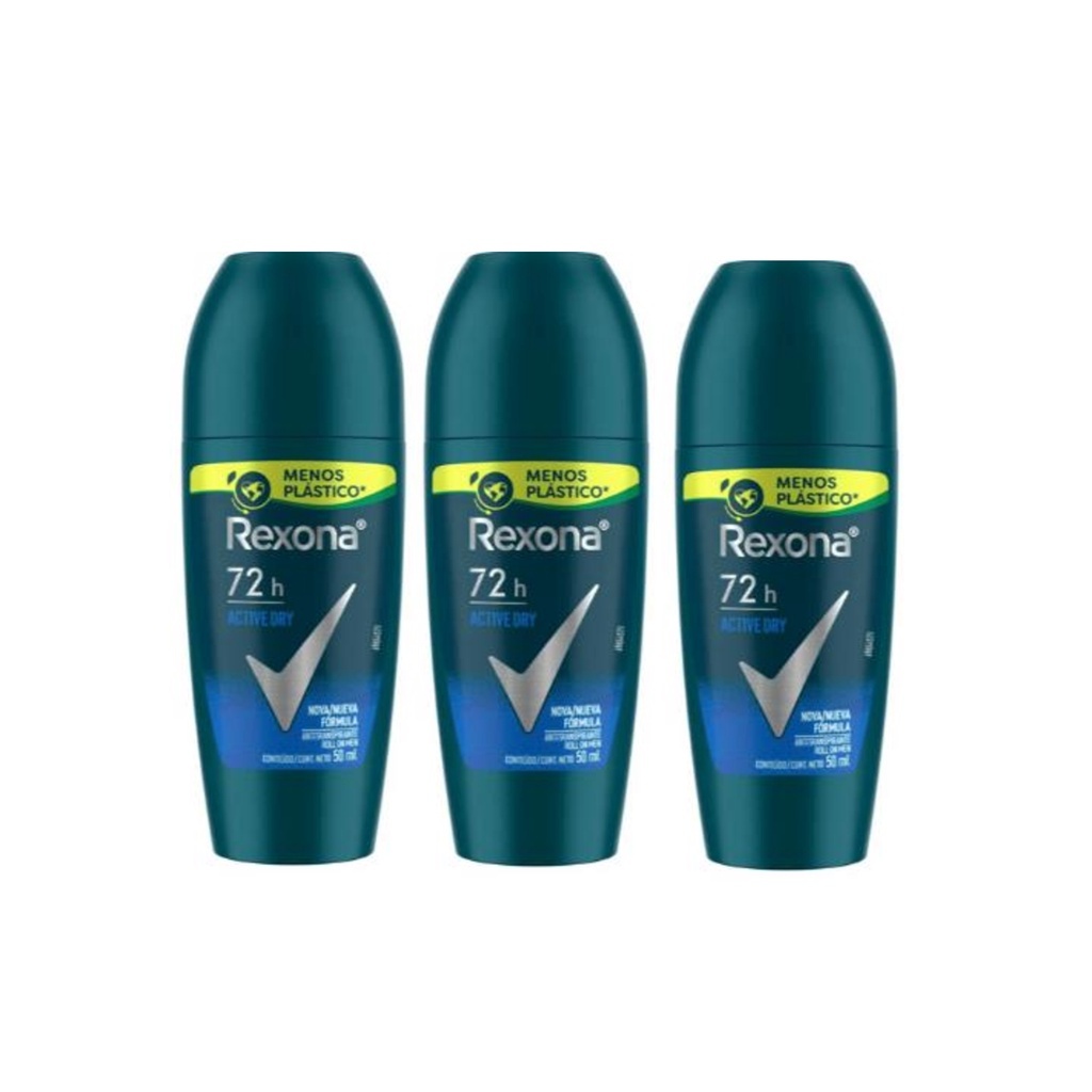 Kit 3x Unidades Desodorante Roll On Rexona Masculino Active Dry 50mL ...