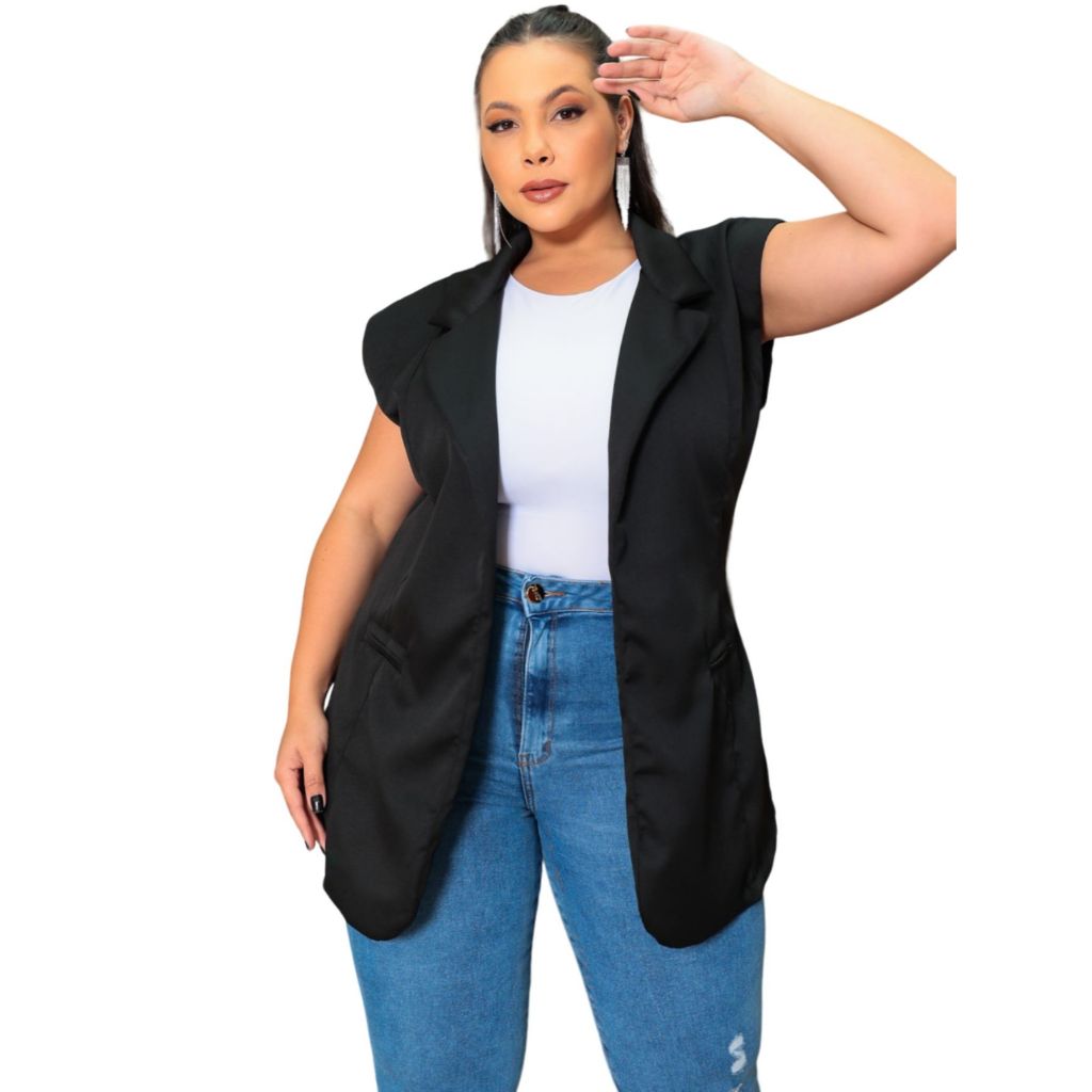 Colete Longo Alfaiataria Plus Size Feminino Elegante Chic G2 e G3 Verão ...