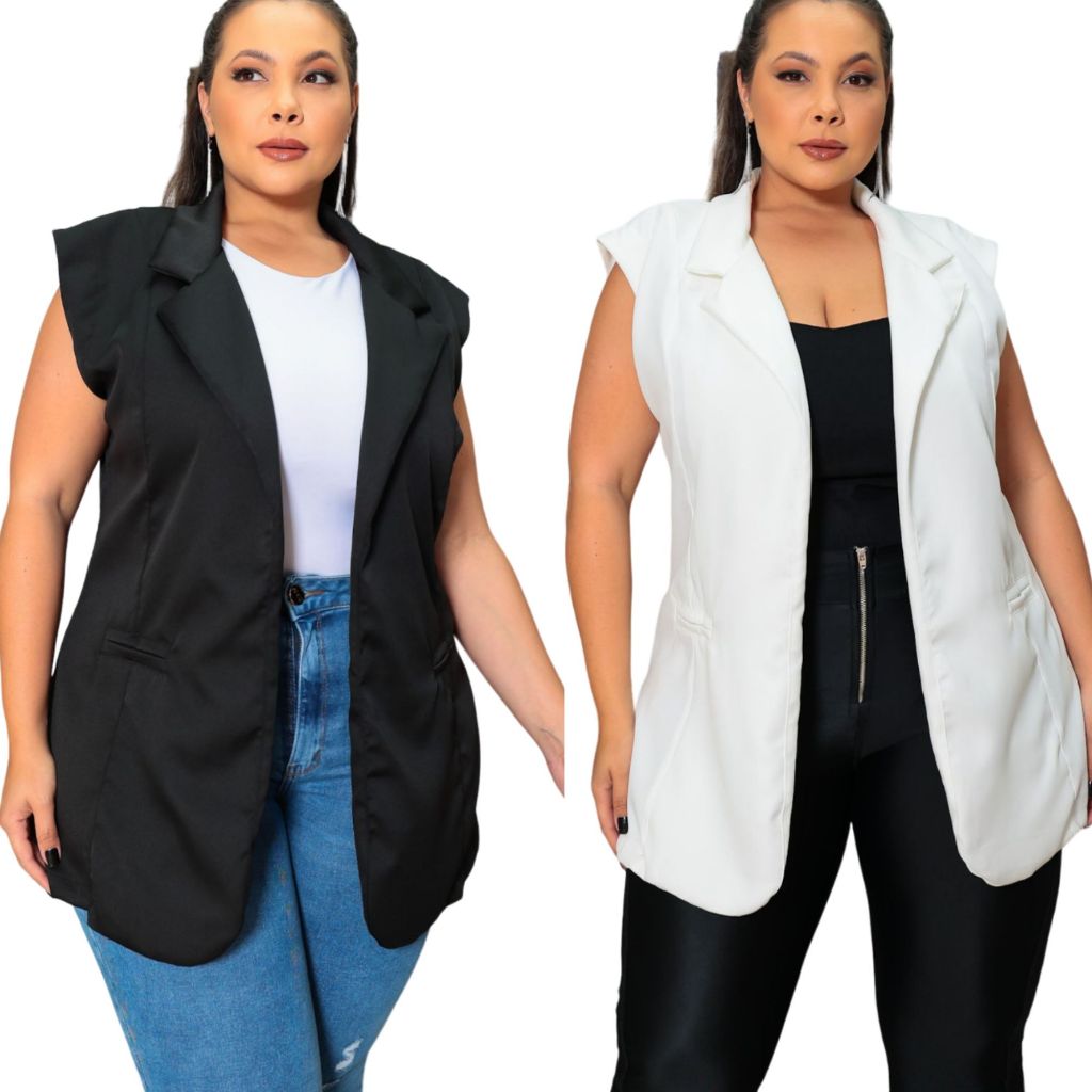 Kit 2 Colete Longo Alfaiataria Plus Size Feminino Social Chic G2 e G3 ...