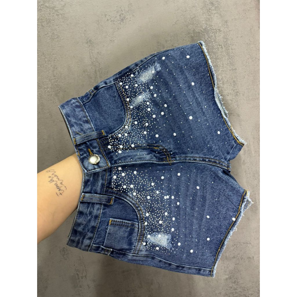 Short Jeans Com Detalhes De Strass e Pedras Brancas | Shopee Brasil