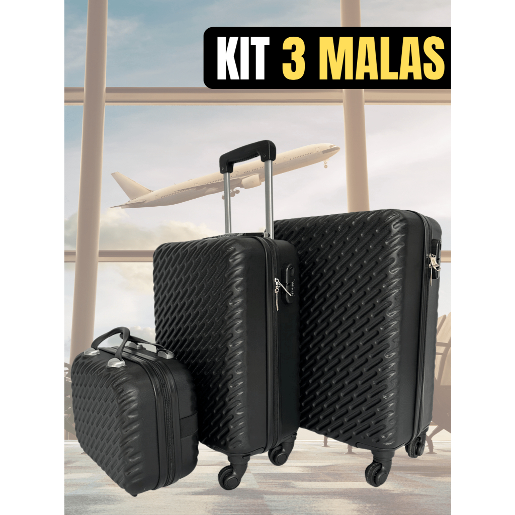 Kit De 3 Malas De Viagem Preta mala de mão mala média mala grande malas ...