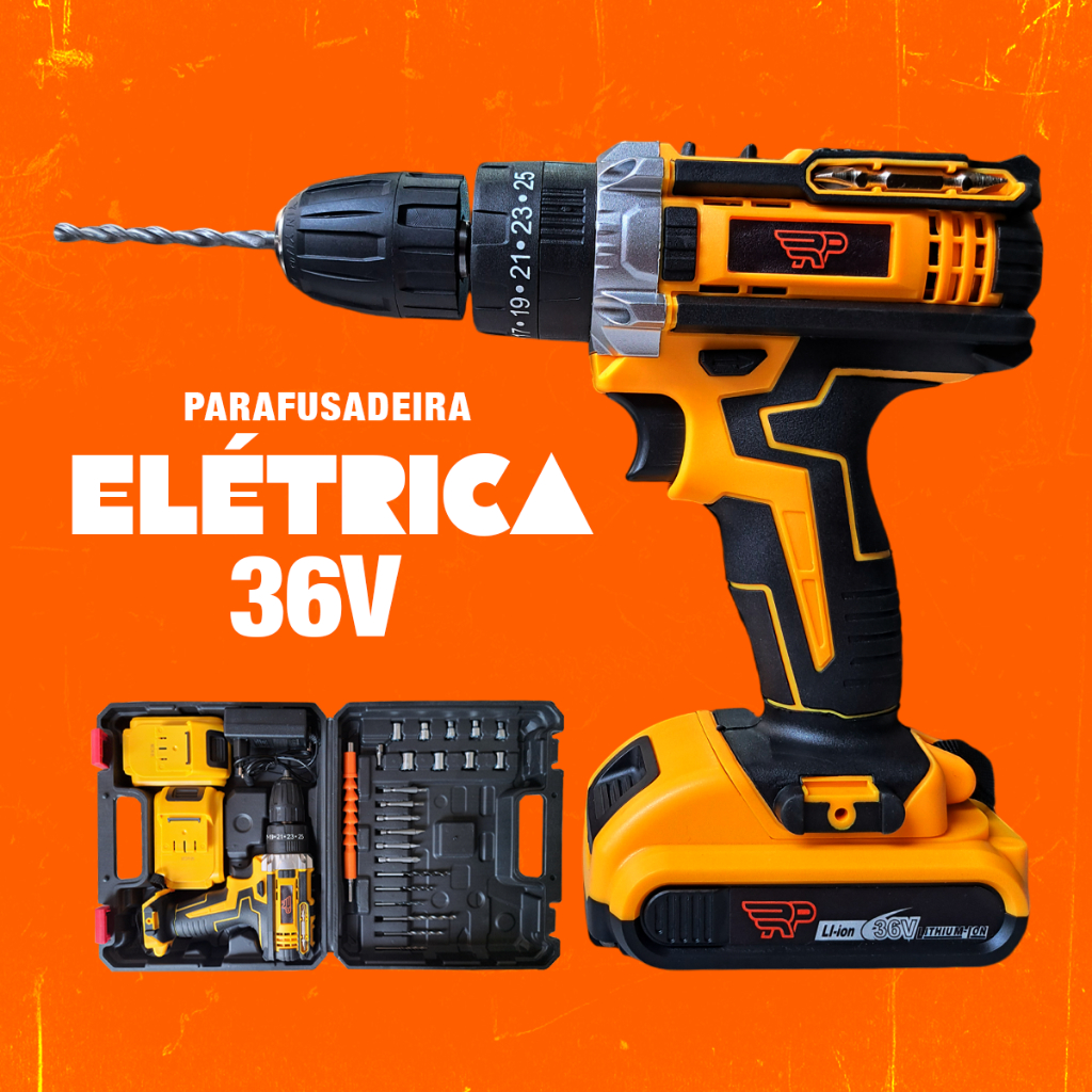 Furadeira e Parafusadeira 36v Impacto de 2 Baterias Elétrica Sem Fio Bivolt Portátil Acessórios ...