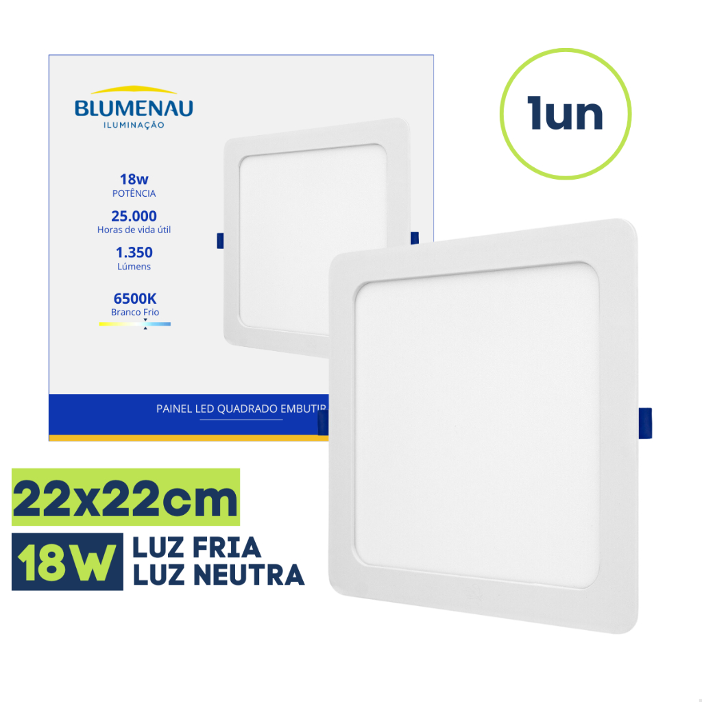 Painel Plafon 18w Embutir Luminária Led 22x22cm Branco Frio 6500K Branco Neutro 4000K Blumenau ...