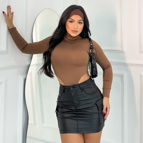 Body Collant Feminino Cavado Gola Alta Manga Longa Tendência Moda ...