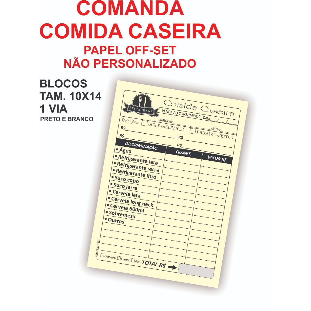 Blocos Comanda Comida Caseira 10x14 cm Lanchonete Barzinho Restaurante ...