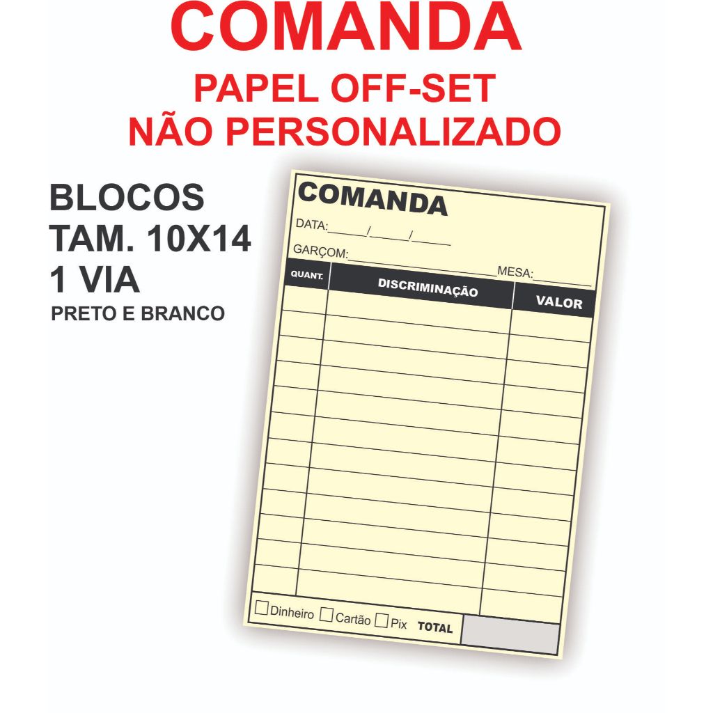 Blocos de Comanda Padrão tam.10x14 cm. Lanchonete, Barzinho ...