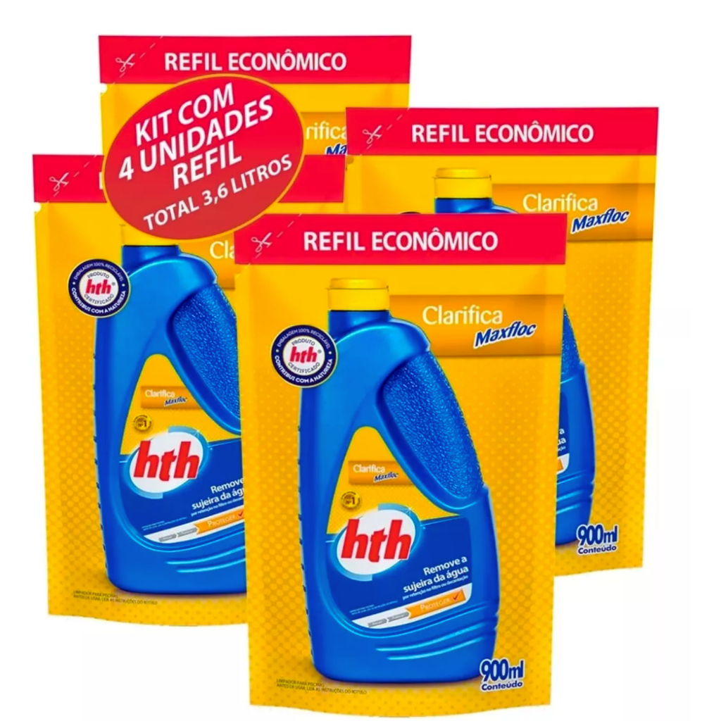 KIt HTH Tratamento Liquido Clarifica Maxfloc Piscinas 4x Refil 900ml | Shopee Brasil