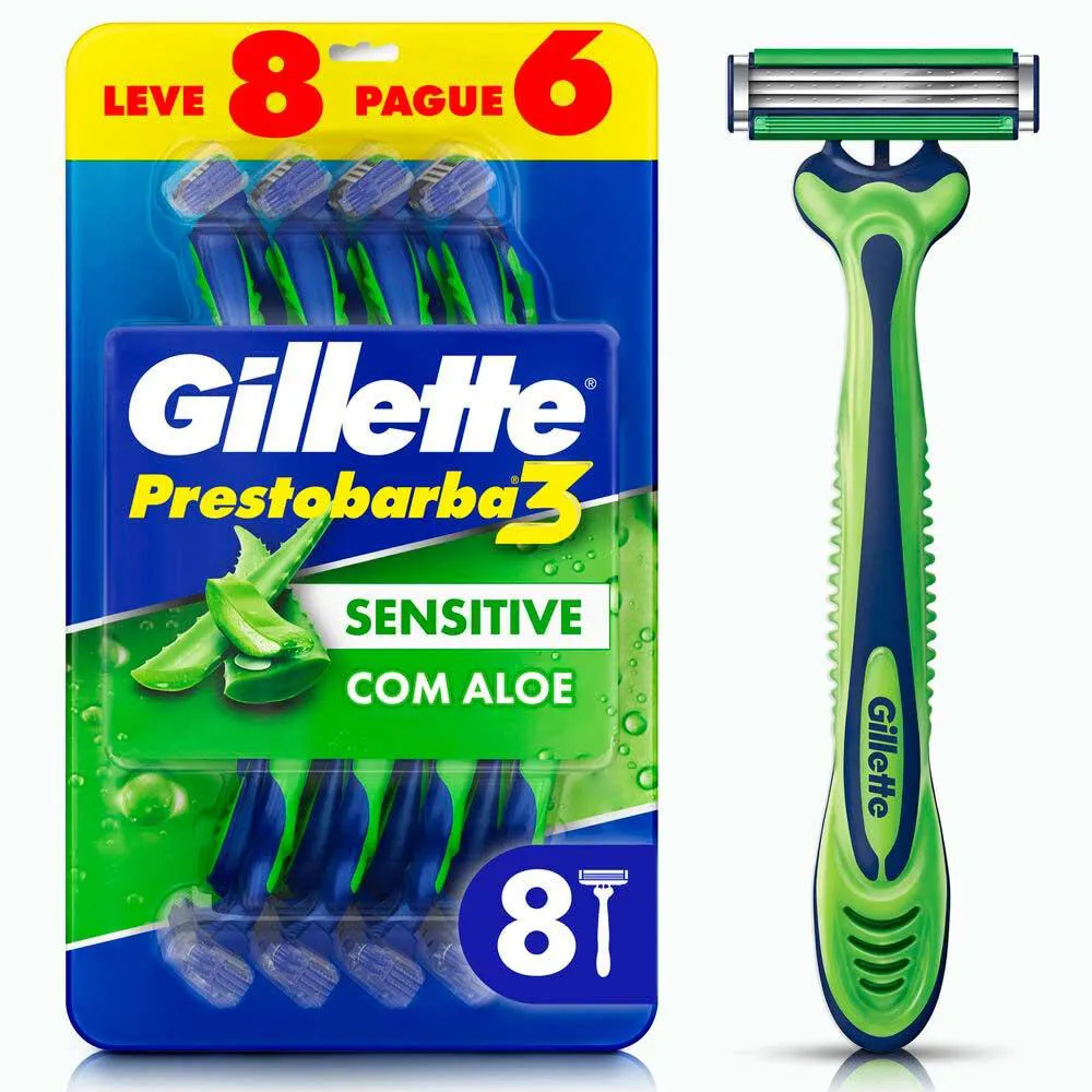 Aparelho de Barbear Gillette Prestobarba 3 Sensitive Aloe Vera – Kit 8 ...