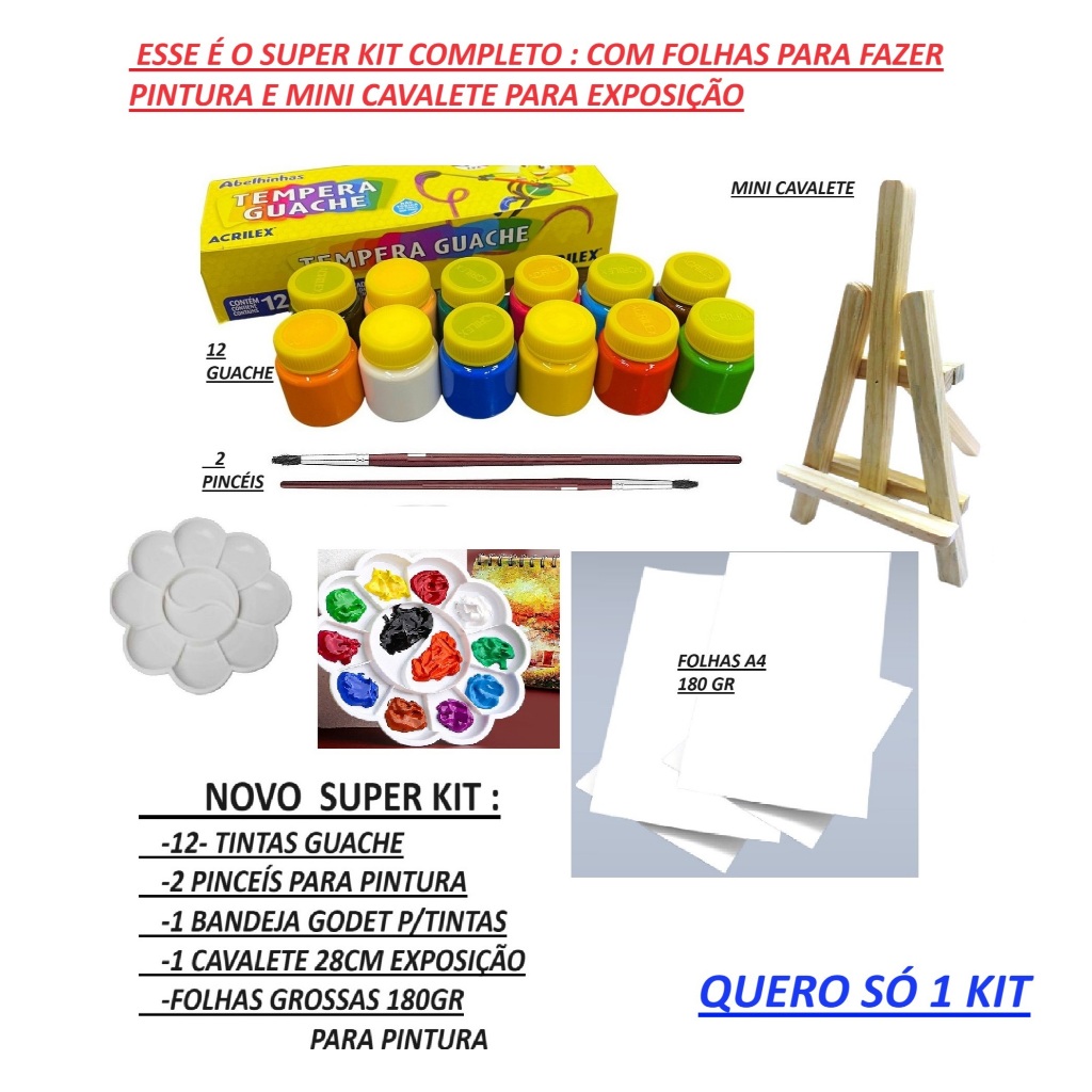Tinta Guache 12 Cores kit completo 1 gode paleta para tintas 2 Pincéis ...