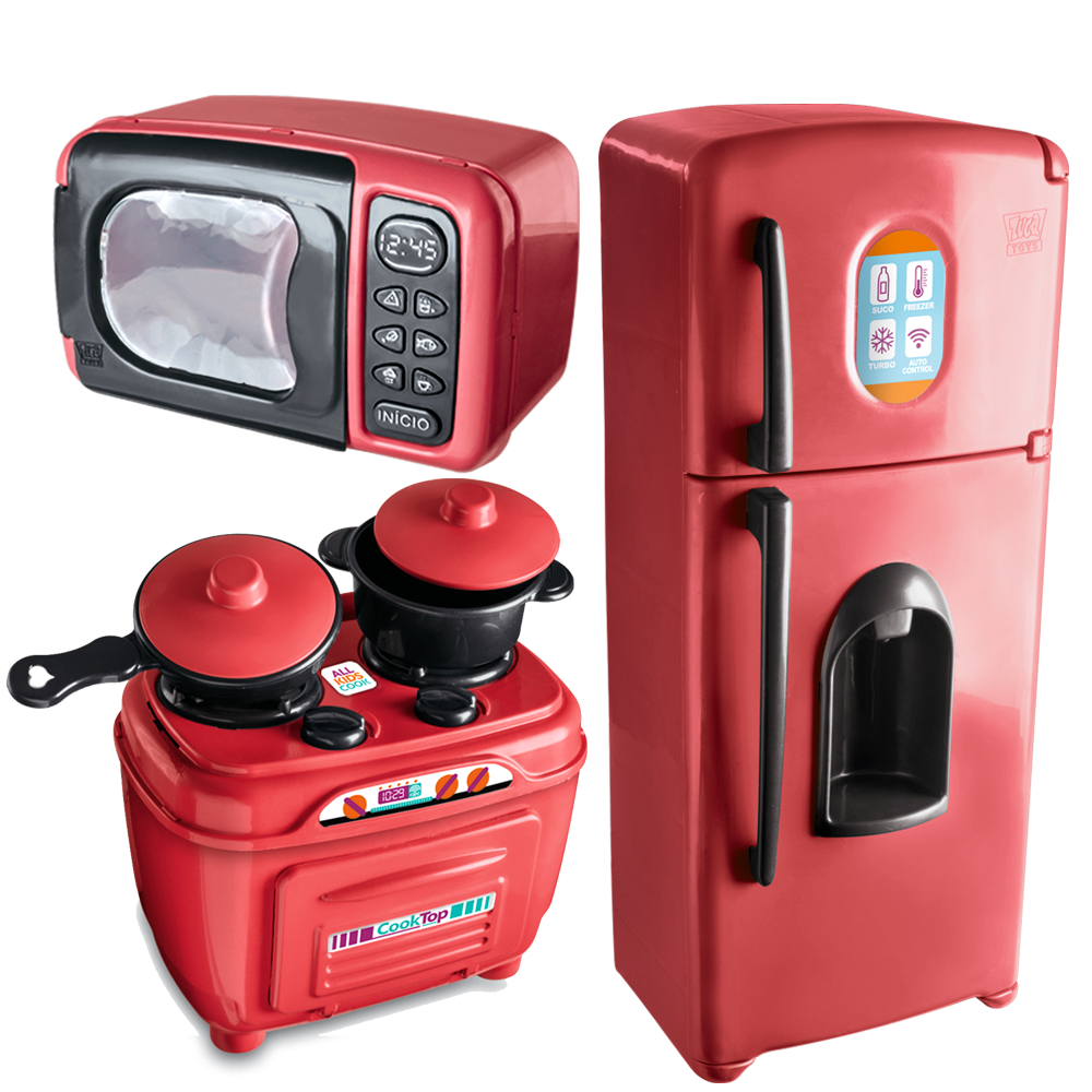Kit Geladeira Duplex + Fogao Play Cooker com jogo de Panelinhas + Microondas VERMELHO | Shopee ...