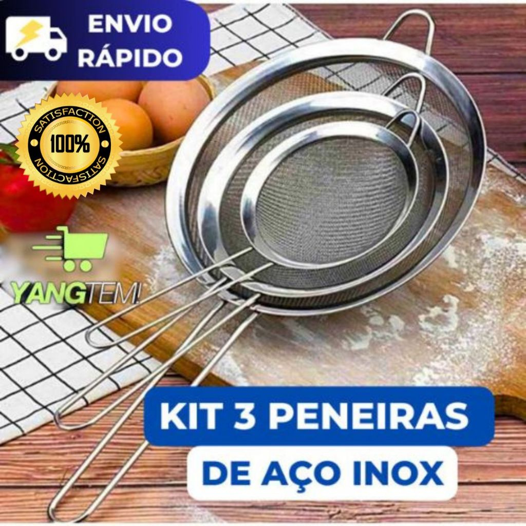Kit 3 Peneiras de Aço Inox Premium Utensilios de Cozinha 8/10/12cm ...