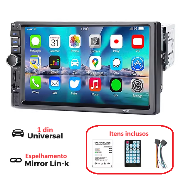 Central Multimídia 1Din Universal 7 Pols, Bluetooth, USB, Espelha o Celular - Tela voltada p ...