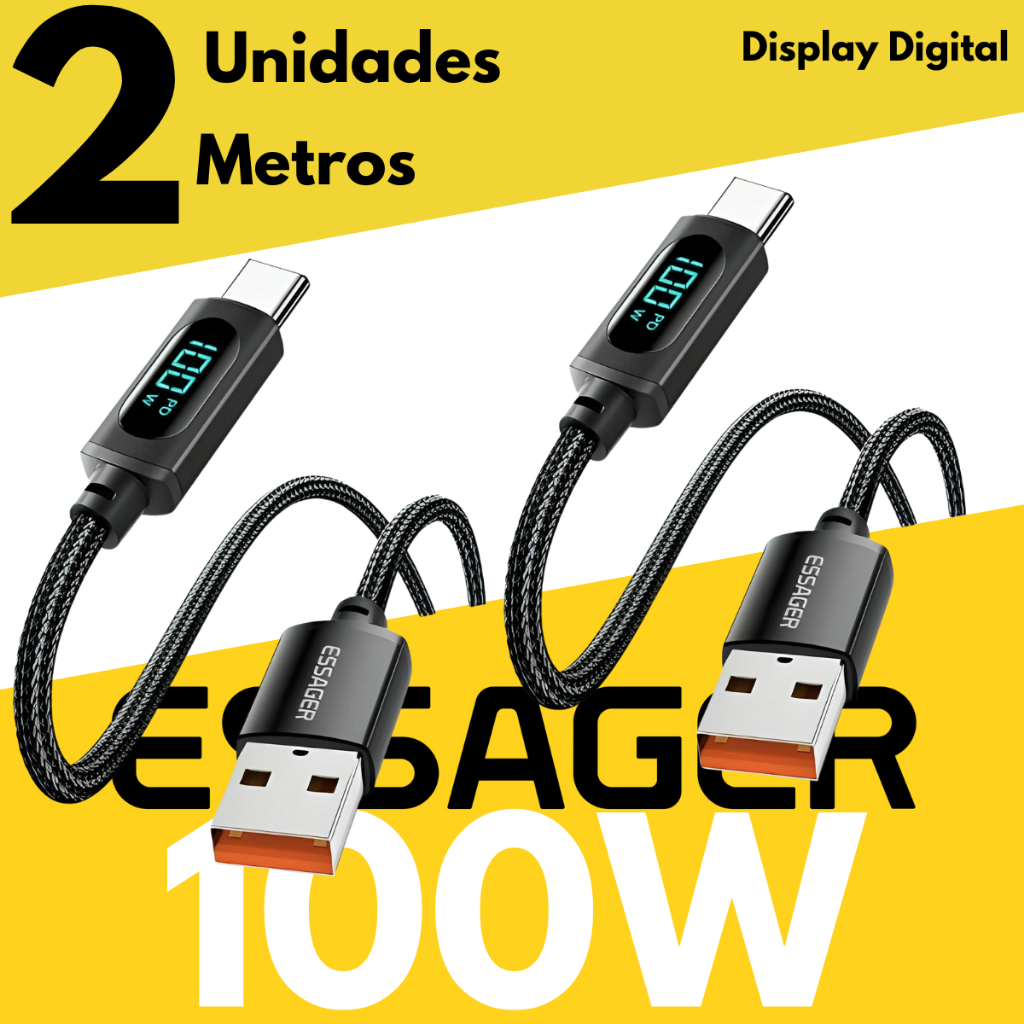 Essager Cabo LED USB para Tipo-C, 2 Metros Cabo em Nylon, 100W, 7a, com ...