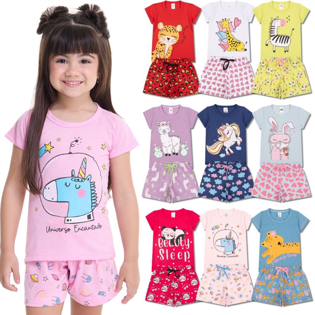 Kit 6 Peças de Pijamas Infantis para Meninas Confortáveis e Cheios de ...