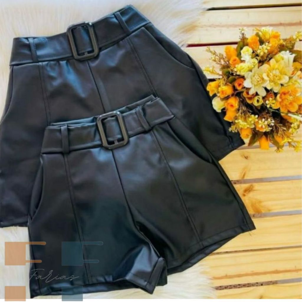 Combo 2 Short Em Couro Fake No tecido Cirre Cintura Alta Curto Com ...