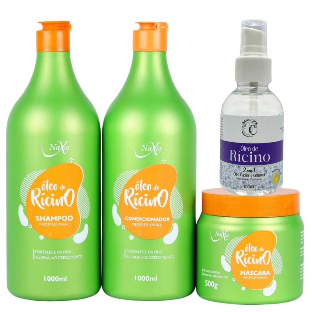 Kit Tratamento Capilar Óleo de Rícino Shampoo, Condicionador 1L ...