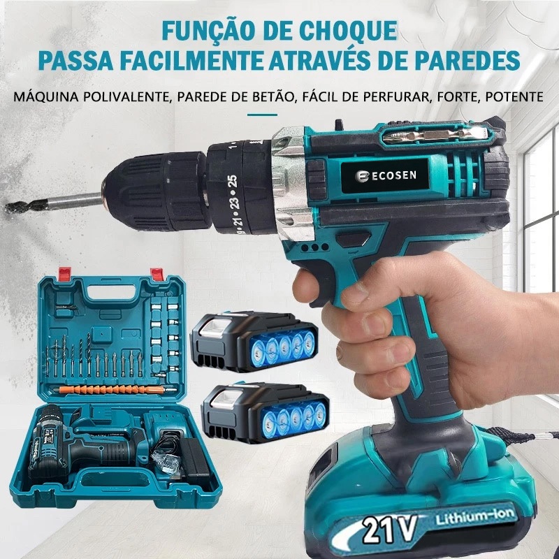Furadeira Parafusadeira 3/8" bateria 21V com maleta e acessórios | Shopee Brasil