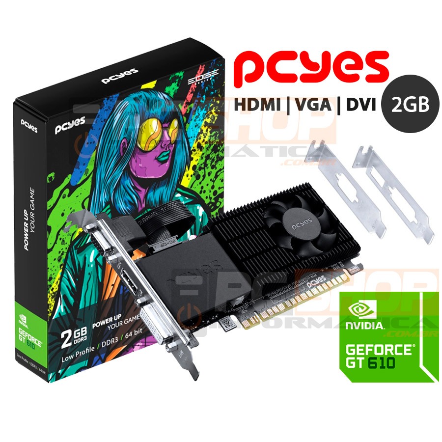 Placa de Vídeo GPU Nvidia GeForce com 2GB GT 610 DDR3 64Bits Pcyes Edge HDMI/VGA/DVI PCI-E 2.0 ...